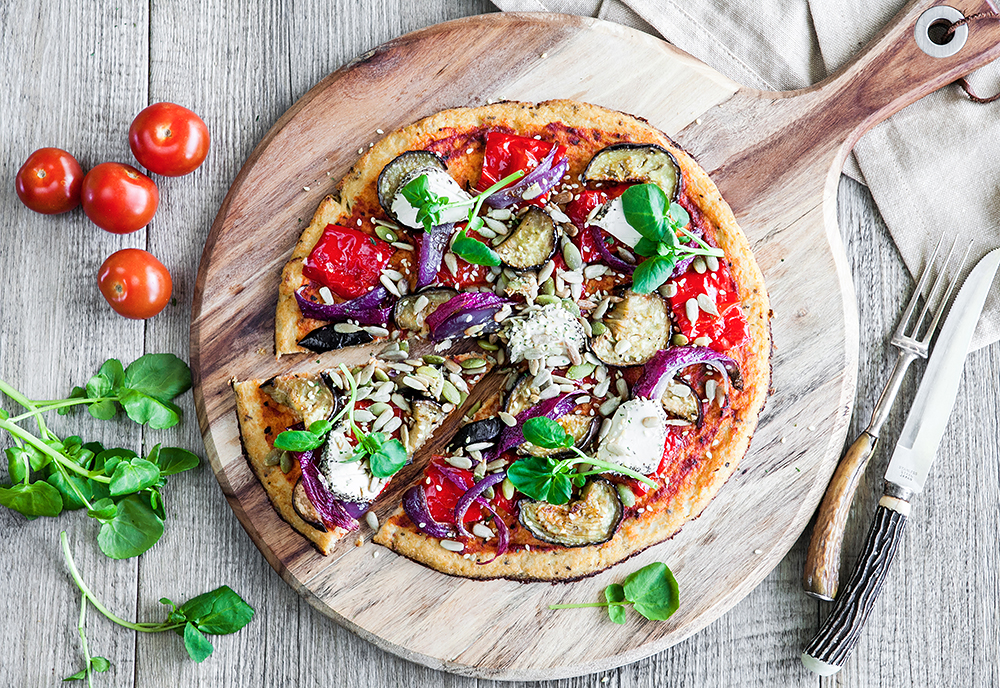 Cauliflower Crust Pizza with Roasted Vegetables. Gluten-free recipe ...